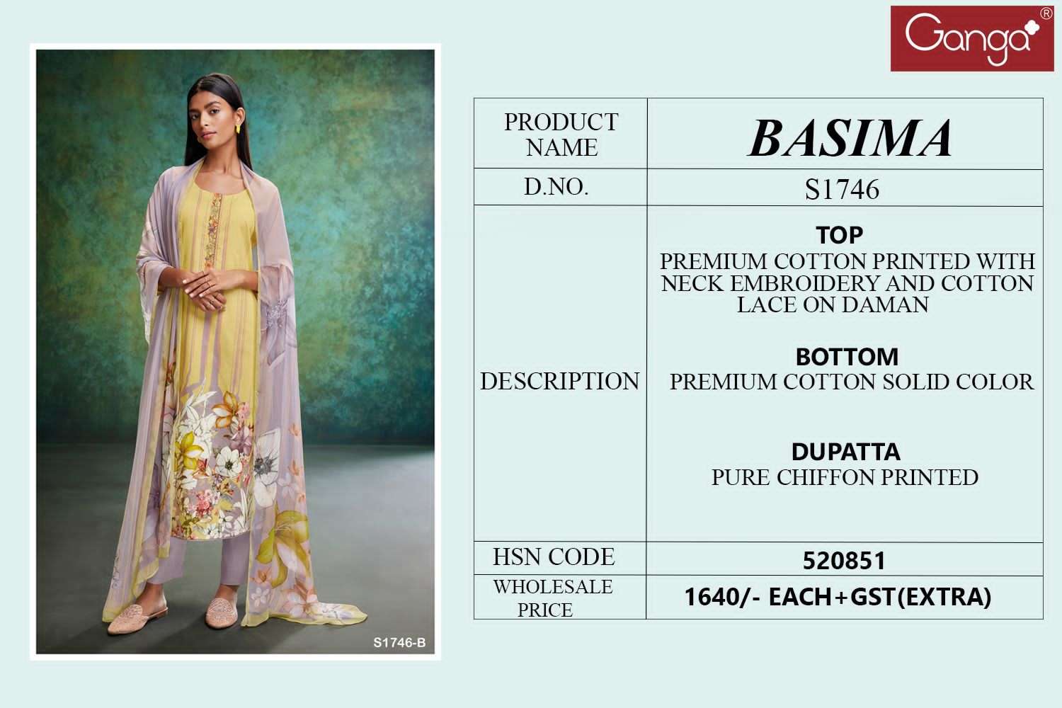 Ganga Basima 1746 Exclusive Print Premium Cotton Suit Catalog Exporter