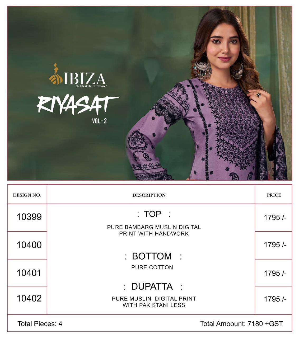 Ibiza Riyasat Vol 2 Pakistani Style Pure Muslin Festive Collection Suit Exporter