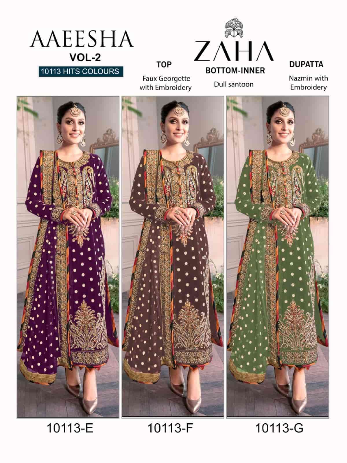 Zaha Aaeesha Vol 2 10113 Colors Pakistani Party Wear Suit Wholasaler