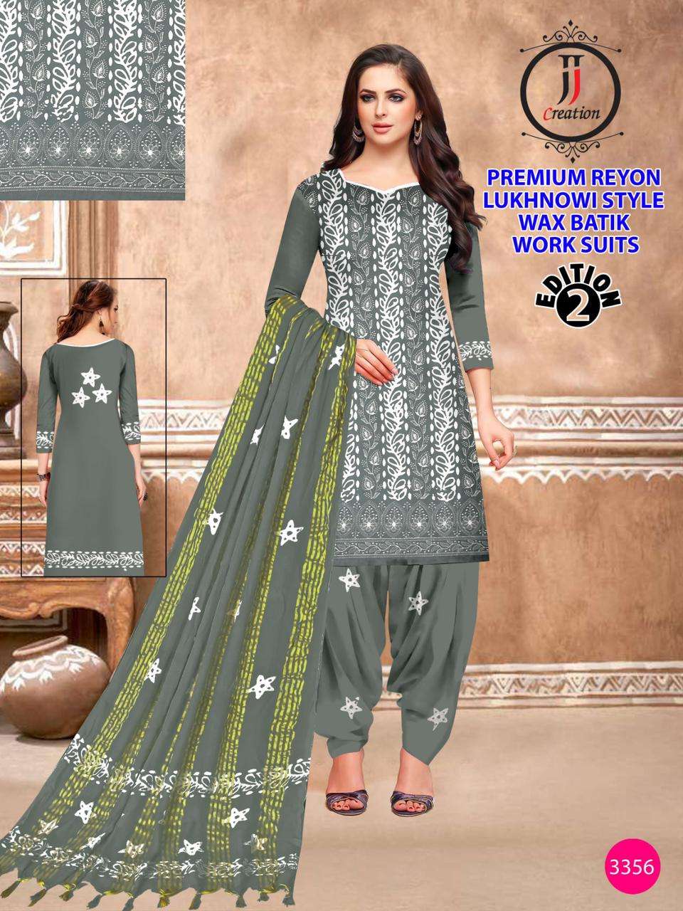 Jj Creation Premium Rayon Lukhnowi Work Edition 2 Batik Print Rayon Salwar Suit Dealers