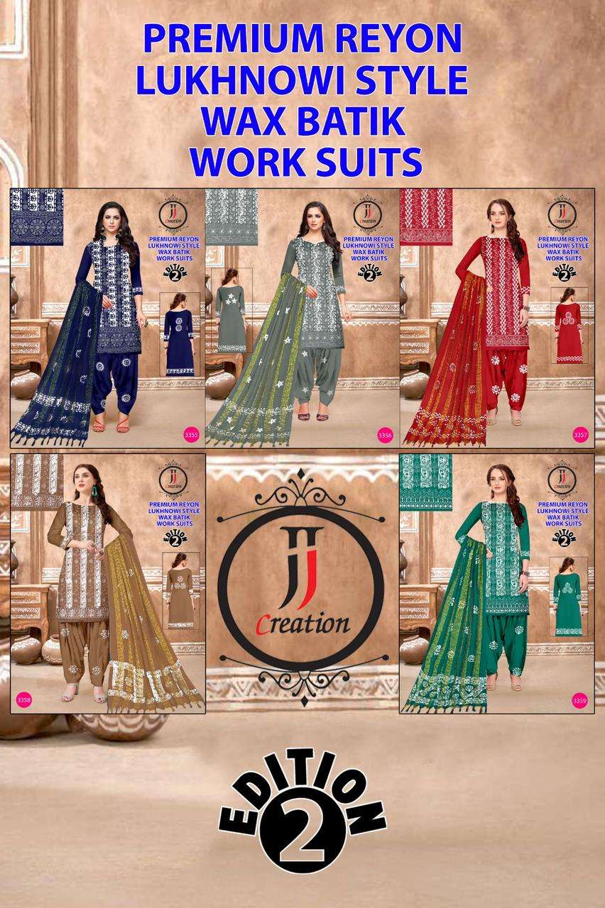 Jj Creation Premium Rayon Lukhnowi Work Edition 2 Batik Print Rayon Salwar Suit Dealers