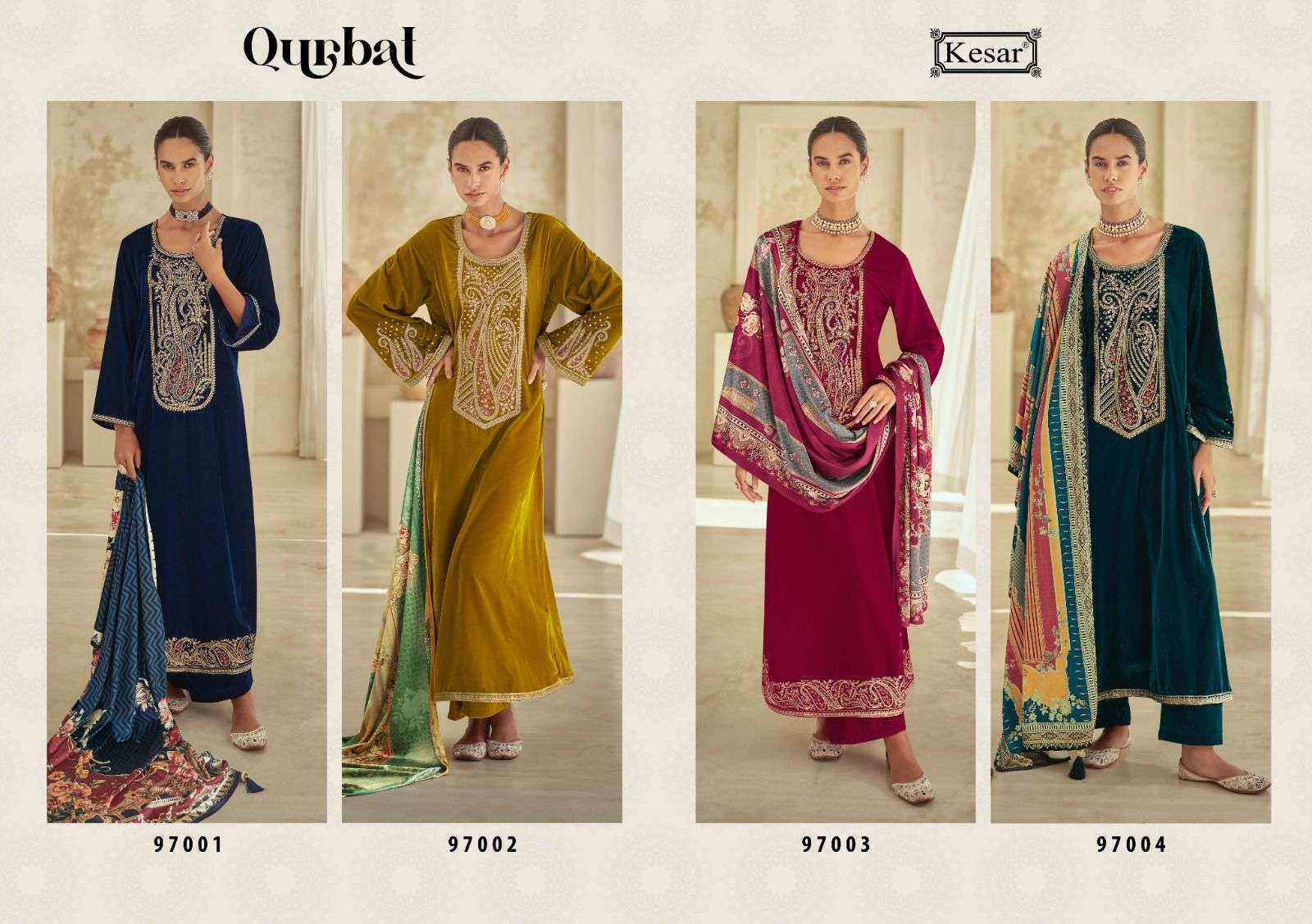 Karachi Prints Kesar Qurbat Designer Velvet Suit Catalog Wholesaler