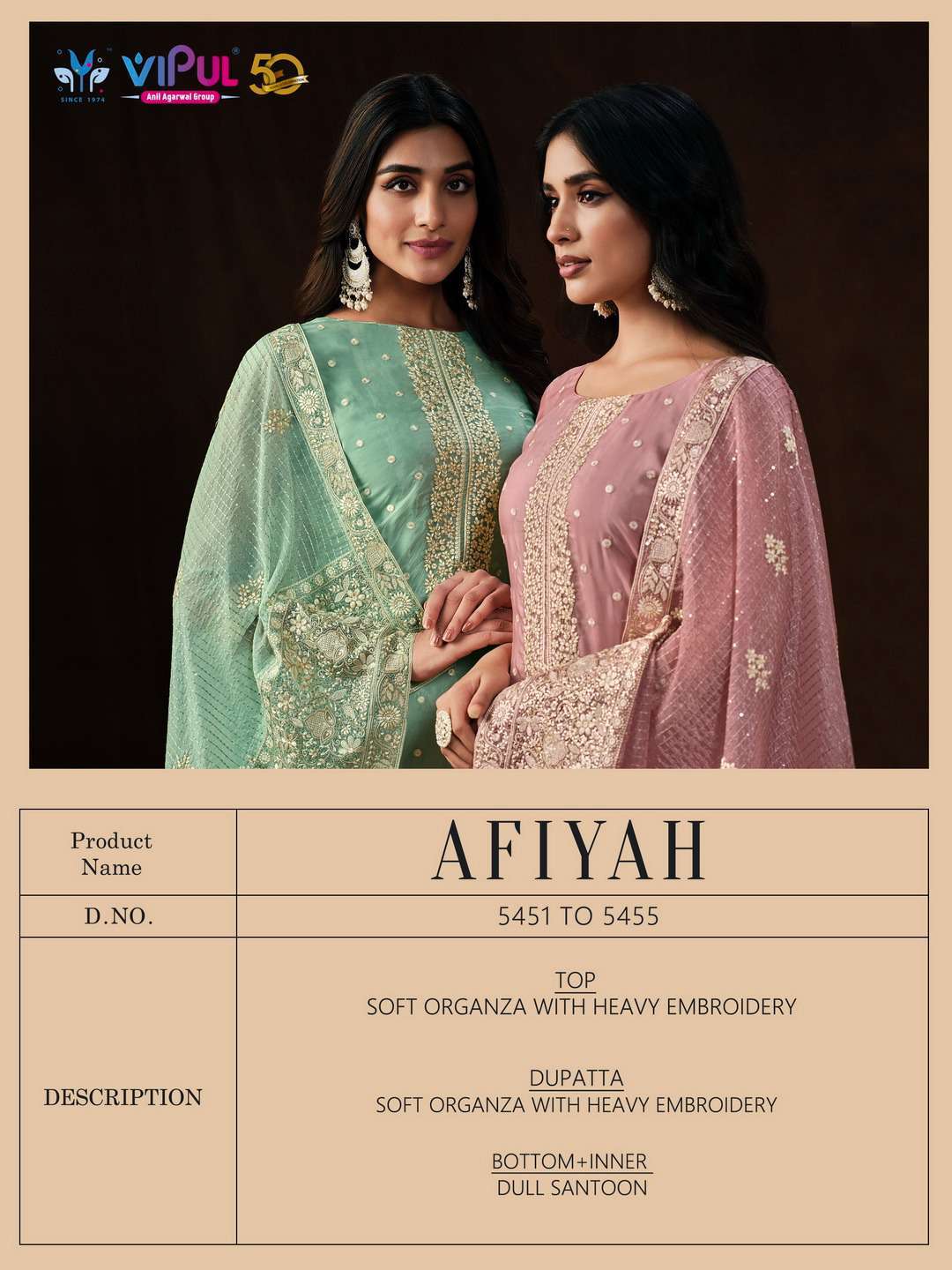 Vipul Afiyah Designer Organza Traditional Wear Suit Catalog Wholesalers