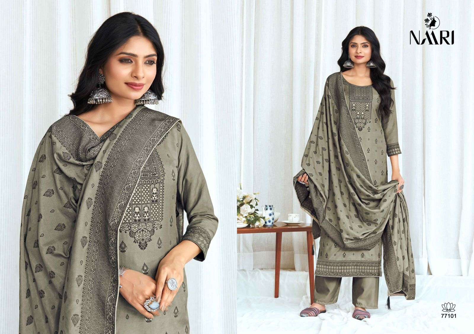 Naari Jaguar Ladies Wear Muslin Jacquard Designs Suit Suppliers