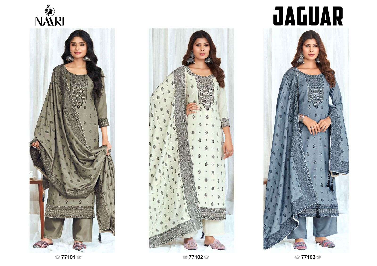 Naari Jaguar Ladies Wear Muslin Jacquard Designs Suit Suppliers