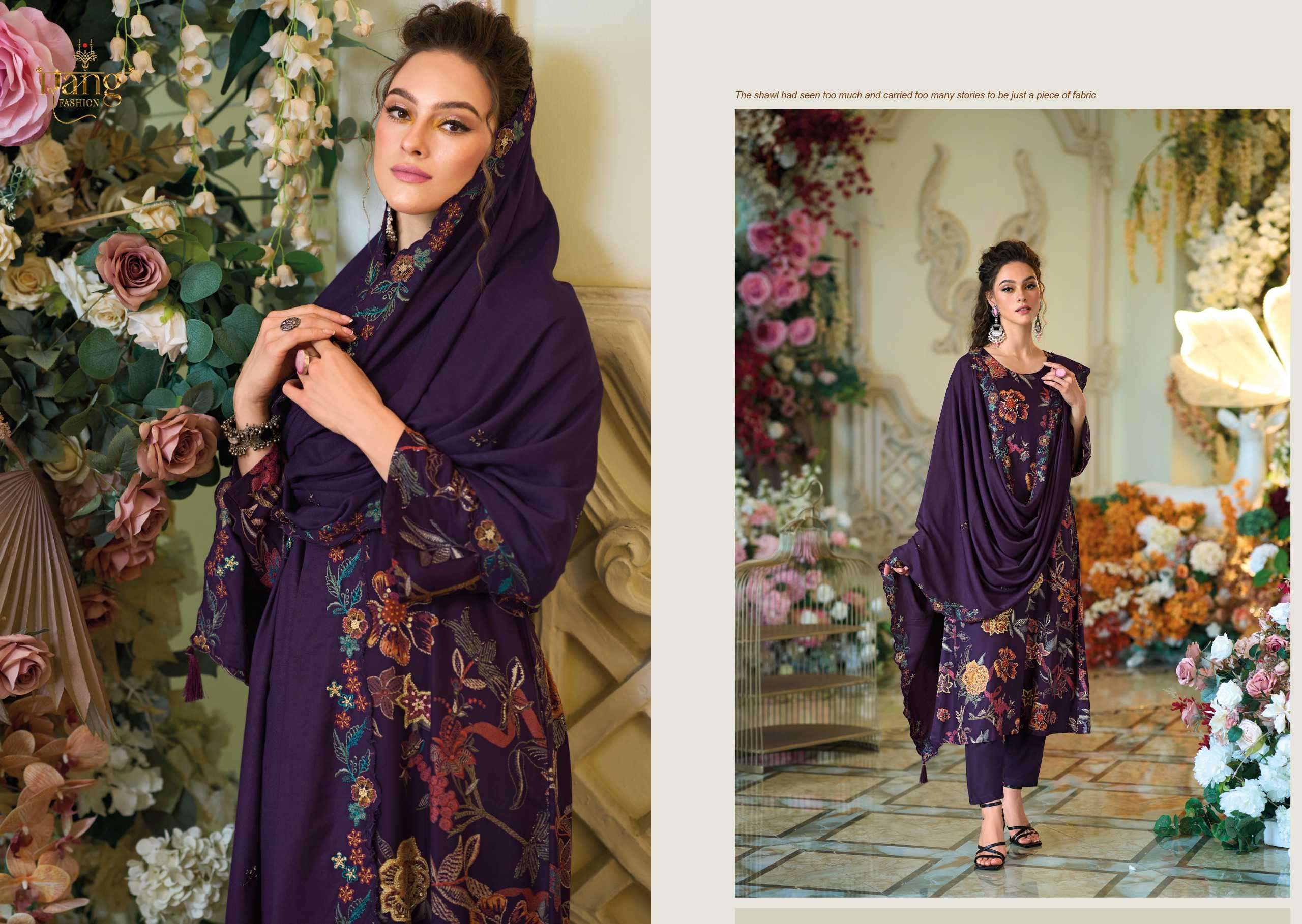 Rang Fashion Saffron Fancy Work Pure Wool Ladies Suit Winter Collection