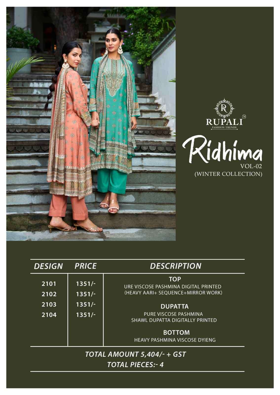 Rupali Fashion Ridhima Vol 2 Fancy Pashmina Salwar Suit Wholesalers