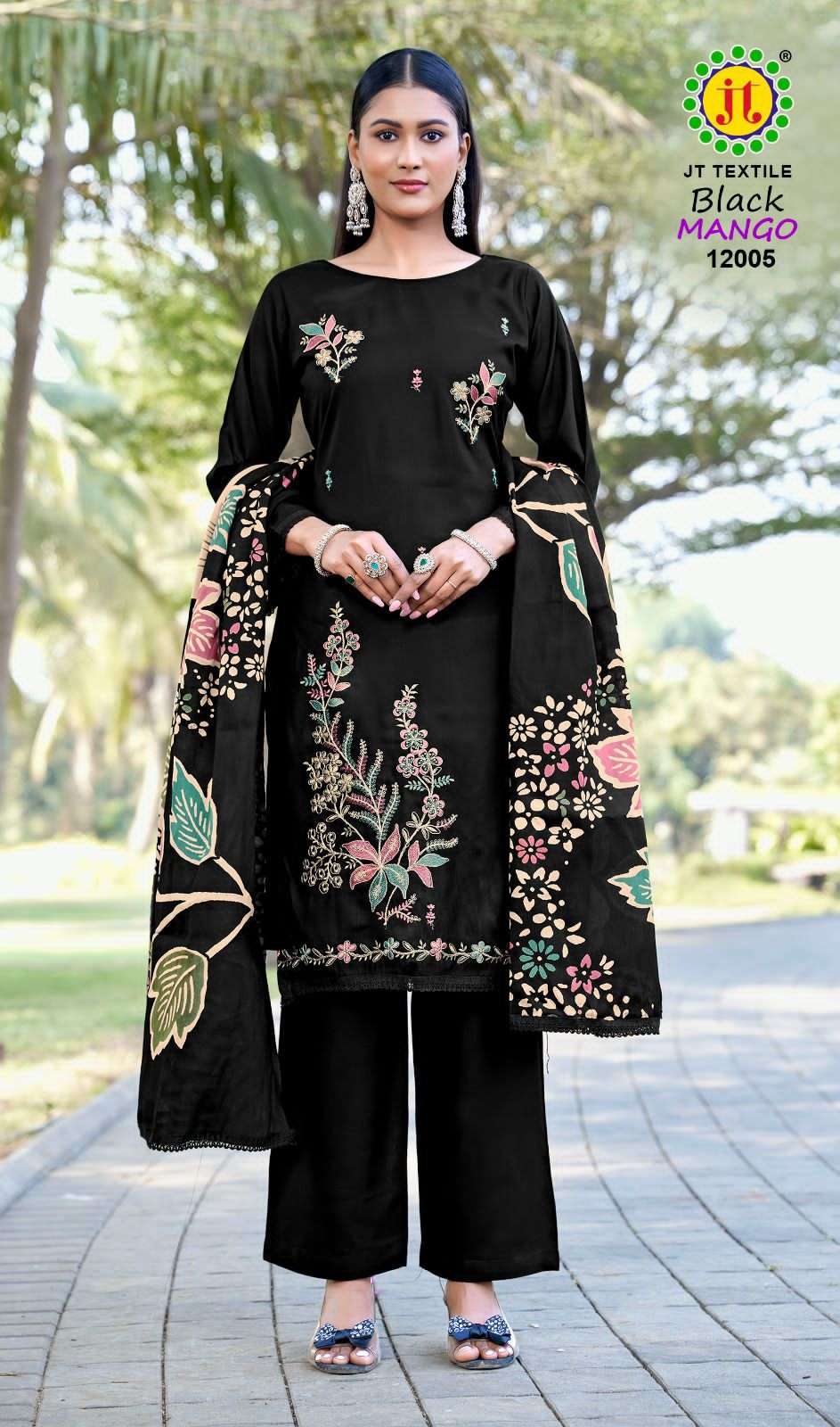 Jt Black Mango Vol 12 Rayon Fabric Fancy Ladies Dress Catalog Dealers